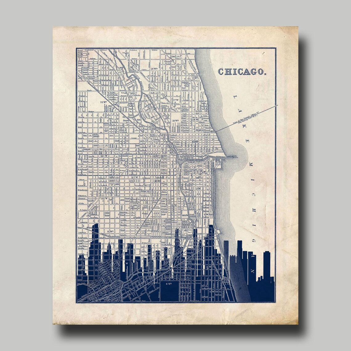 Chicago Map Street Map Vintage Blueprint Grunge - Etsy