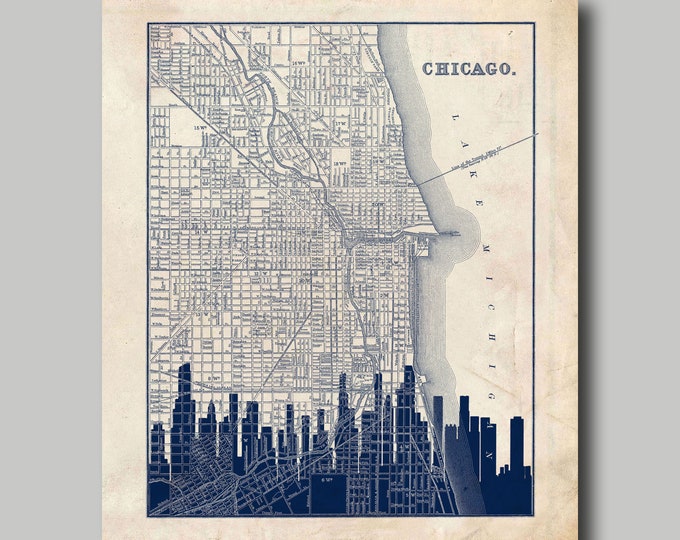 Chicago Map Street Map Vintage Blueprint Grunge | Etsy