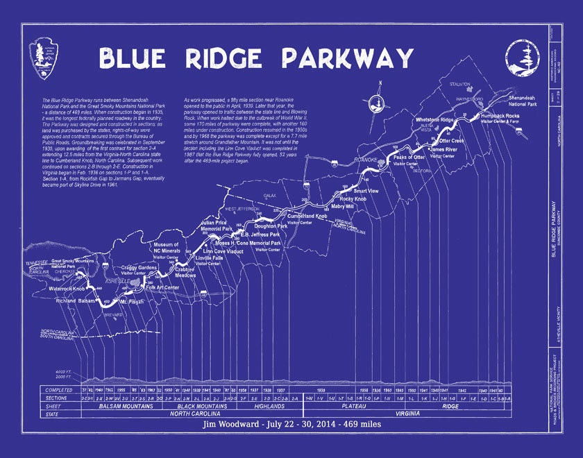 Blue Ridge Parkway - Mountains - Highway - Map - Print - Poster ...