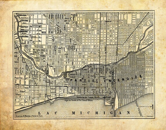 Chicago Fire Street Map Vintage Print Poster Sepia Grunge | Etsy