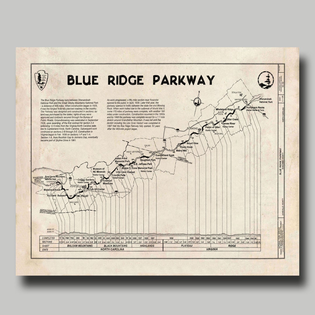 Blue Ridge Parkway - Mountains - Highway - Map - Print - Poster ...