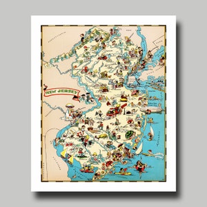 New Jersey - Map - Vintage - Print - Poster - Cartoon - Panoramic ...