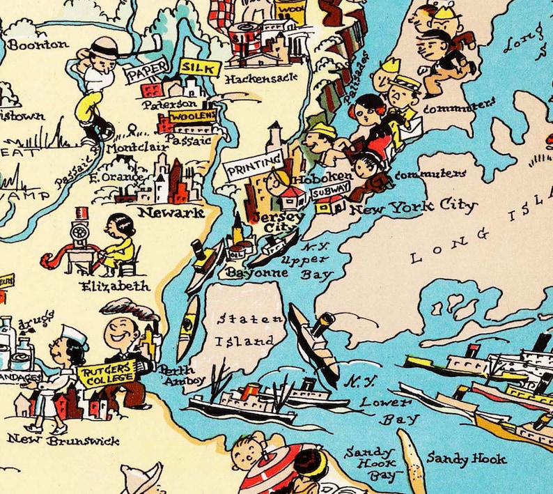 New Jersey Map Vintage Print Poster Cartoon - Etsy
