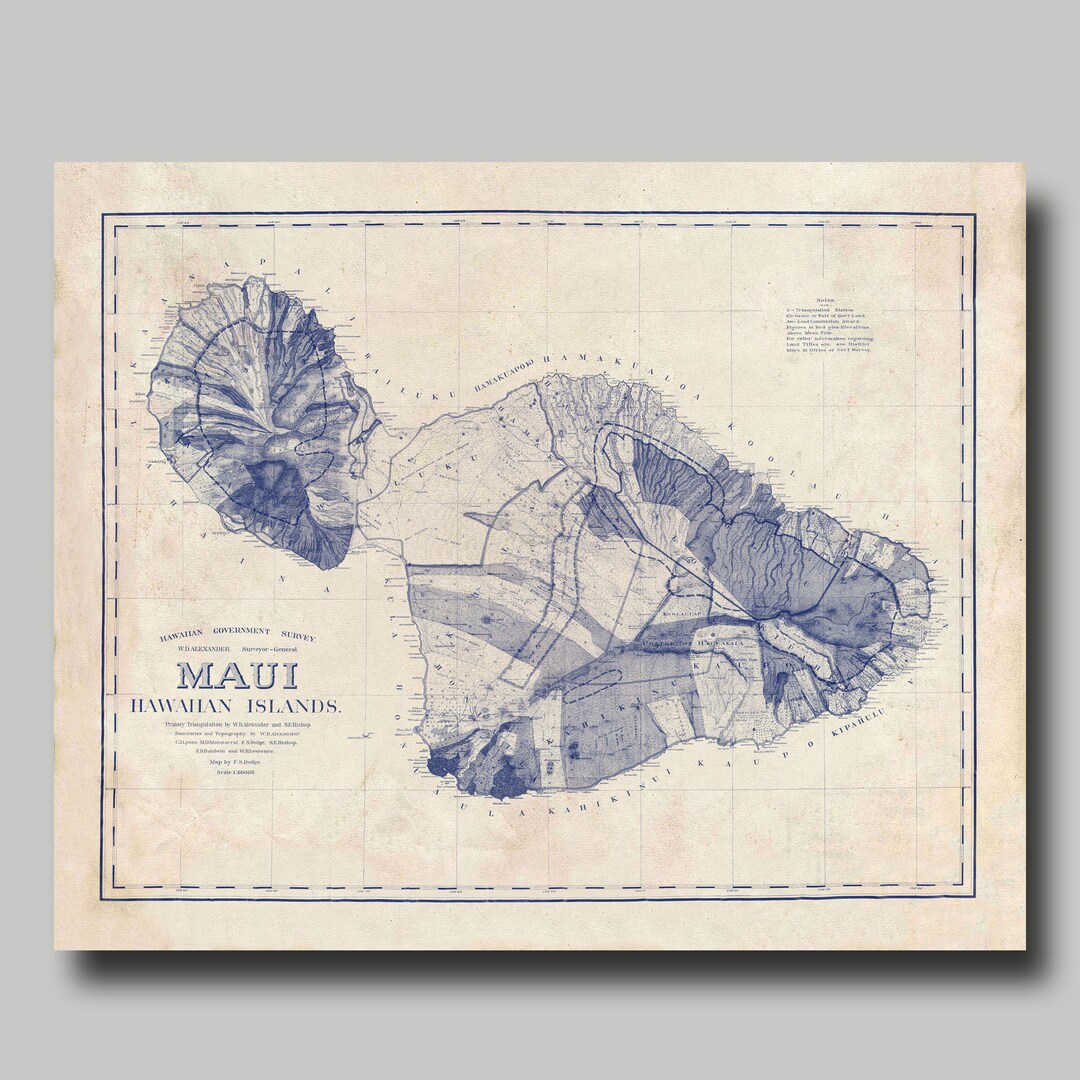 Maui - Hawaii - Blueprint Map - Vintage - Print - Poster - Topography ...