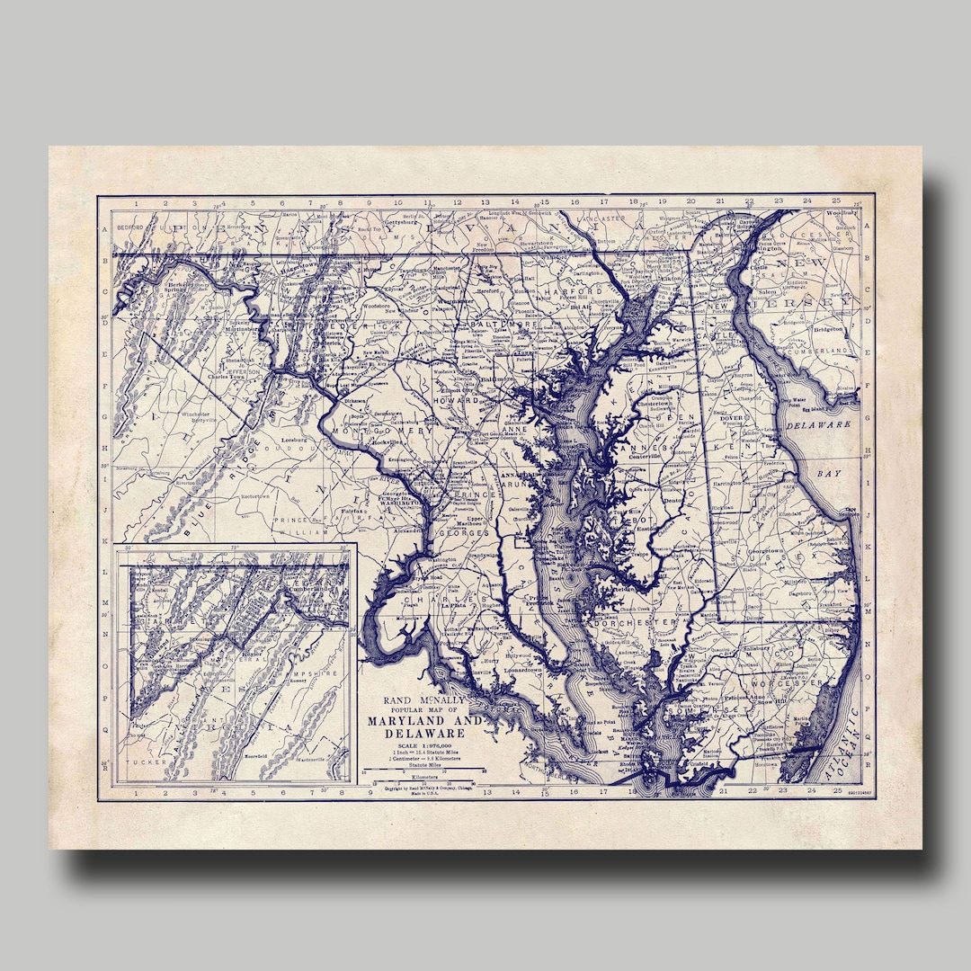 Maryland - Map - State Map - Vintage - Blueprint - Print Poster - Etsy