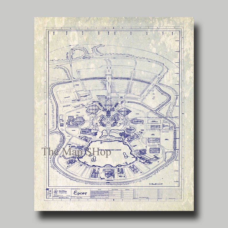 Disney World Epcot Blueprint Map Vintage Gray Blue - Etsy