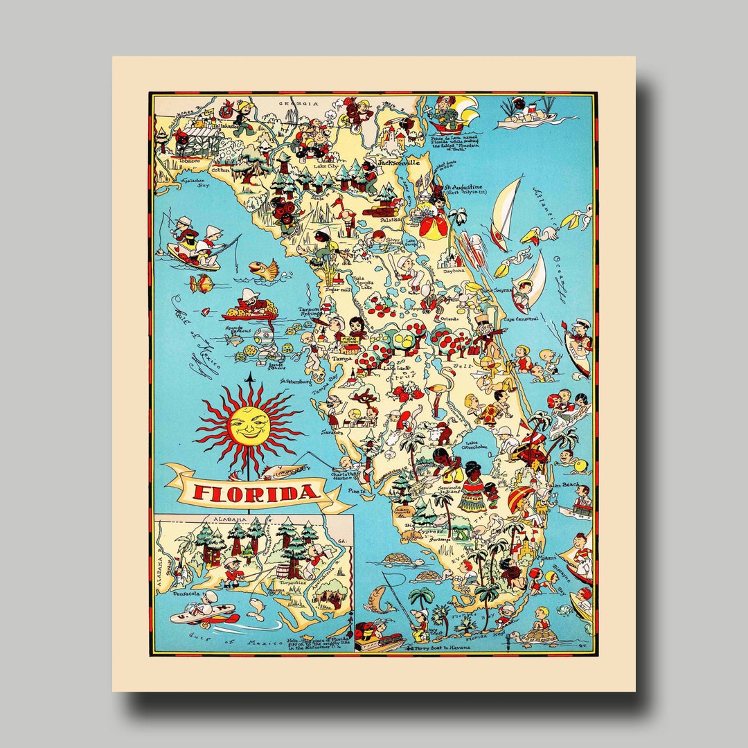 Florida - Map - Vintage - Print - Poster - Cartoon - Panoramic ...