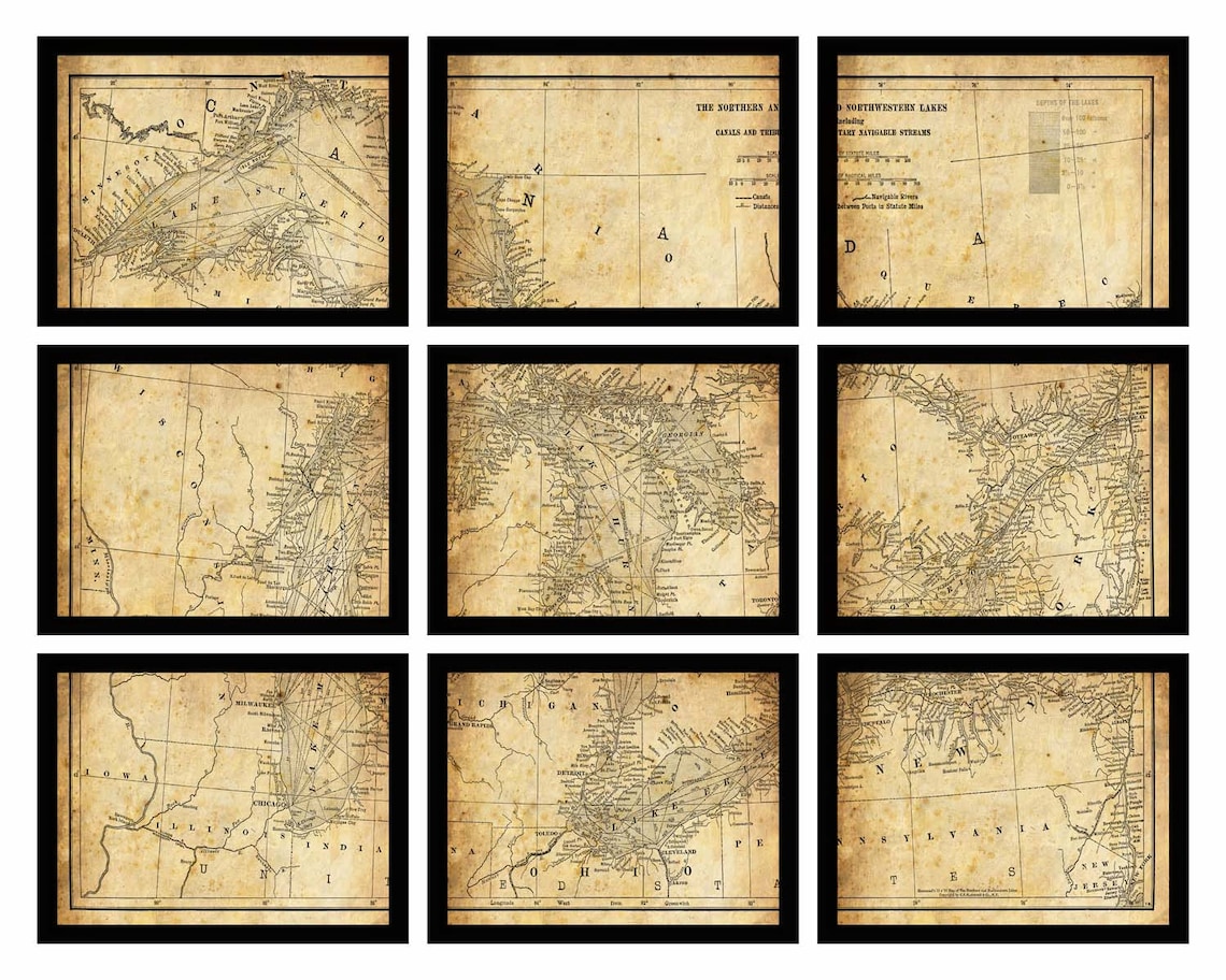 Great Lakes 9 Panel Section Map Poster Print Sepia Grunge | Etsy