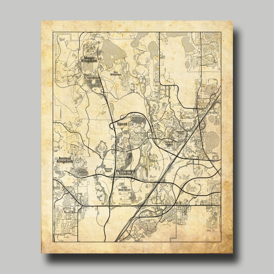 Disney World Map - Vintage - Disney Map - Panoramic - Sepia - Map of ...