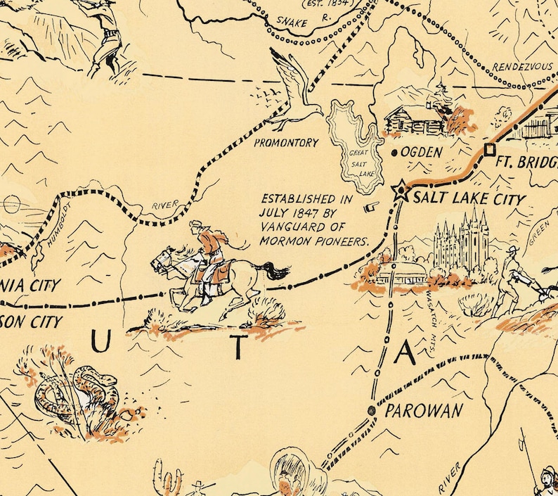 Mormon Trail Map Vintage Utah Print Poster Salt - Etsy
