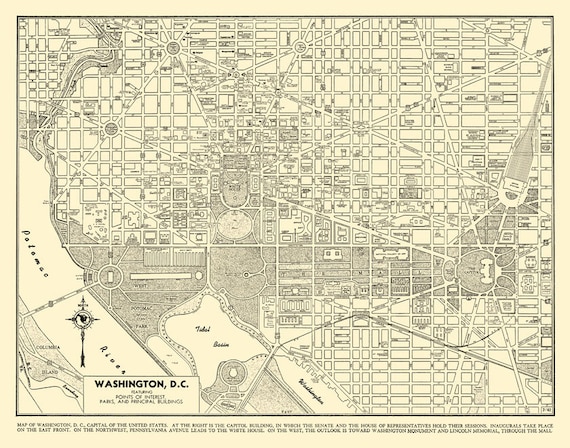 Washington DC Map Street Map Vintage Cream Print Poster | Etsy