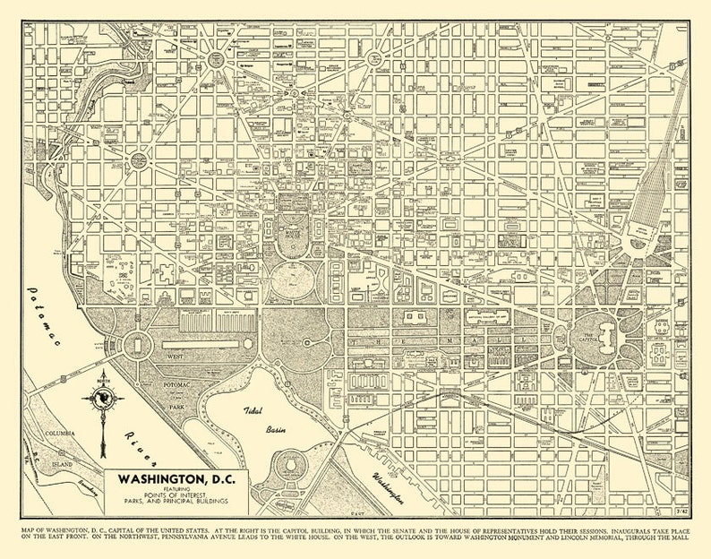 Washington DC Map - Street Map Vintage Cream Print Poster - Etsy