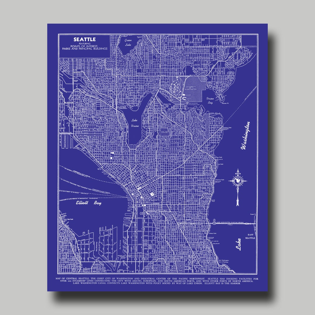 Seattle Map Street Map Blue Vintage Blueprint Poster Print - Etsy