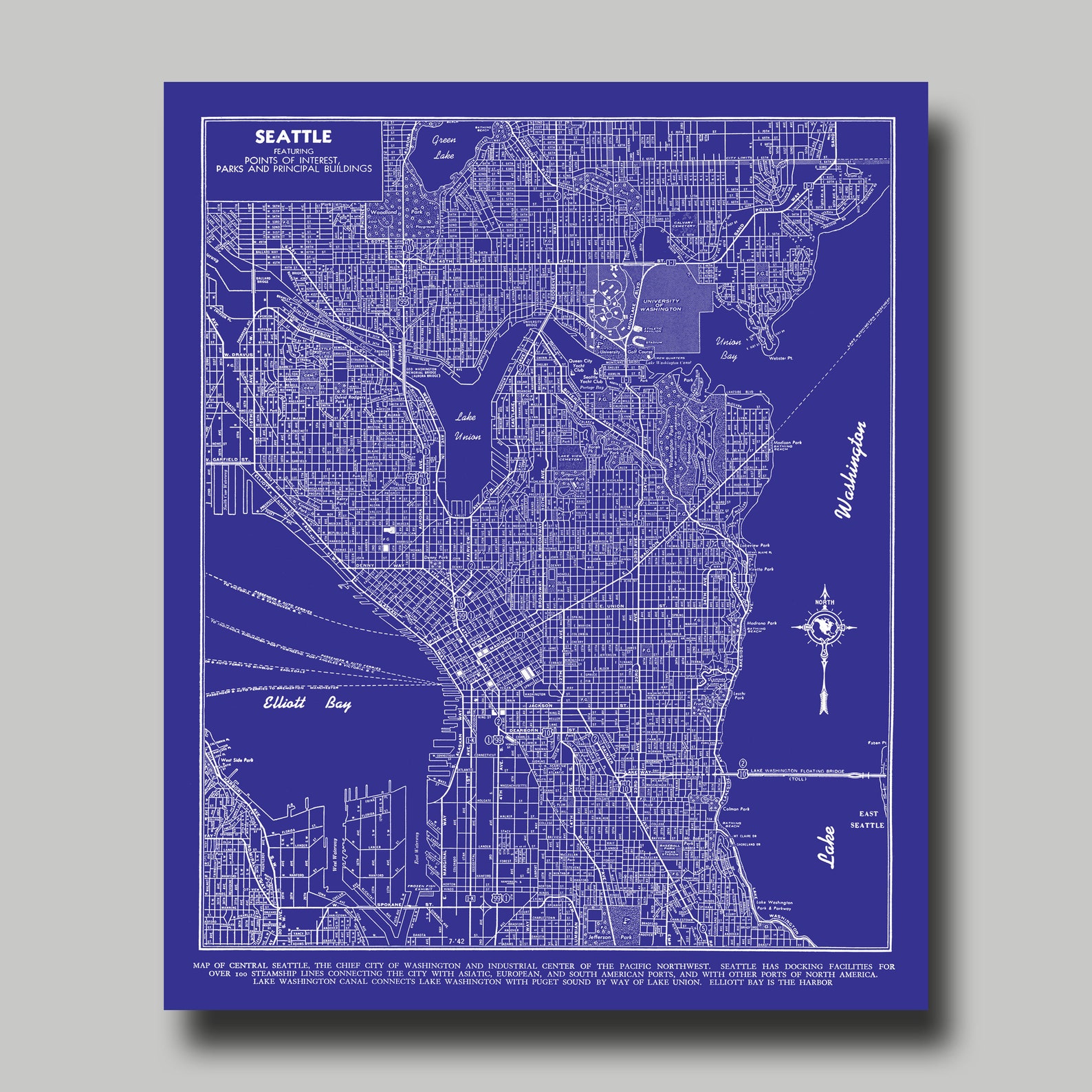 Seattle Map Street Map Blue Vintage Blueprint Poster Print - Etsy