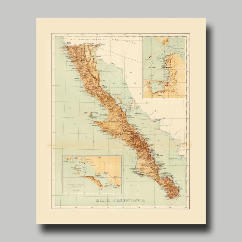 Baja California - Map - State Map - Vintage - Print - Poster - Etsy