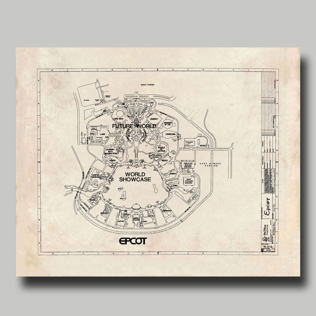 Disney World - Epcot - Blueprint - Map - Vintage - Grunge - Black Ink ...