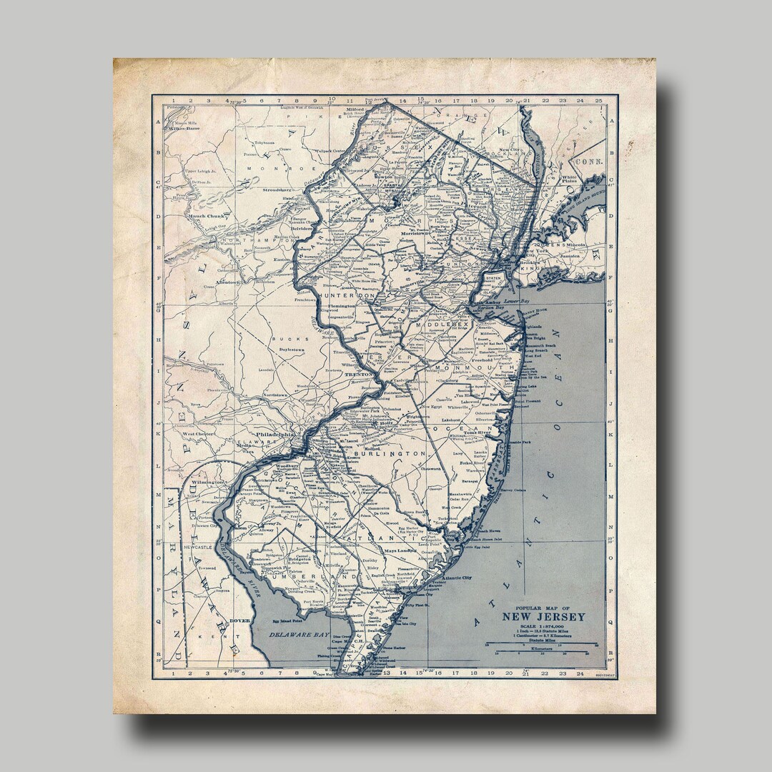New Jersey Map State Map Vintage Blueprint Print - Etsy