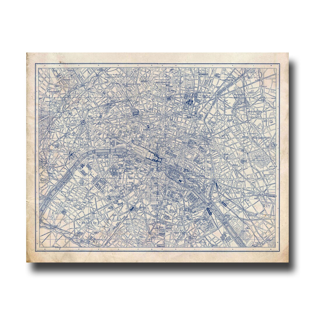 Paris - Map - Street Map - Blue - Blueprint - Poster - Print - Etsy
