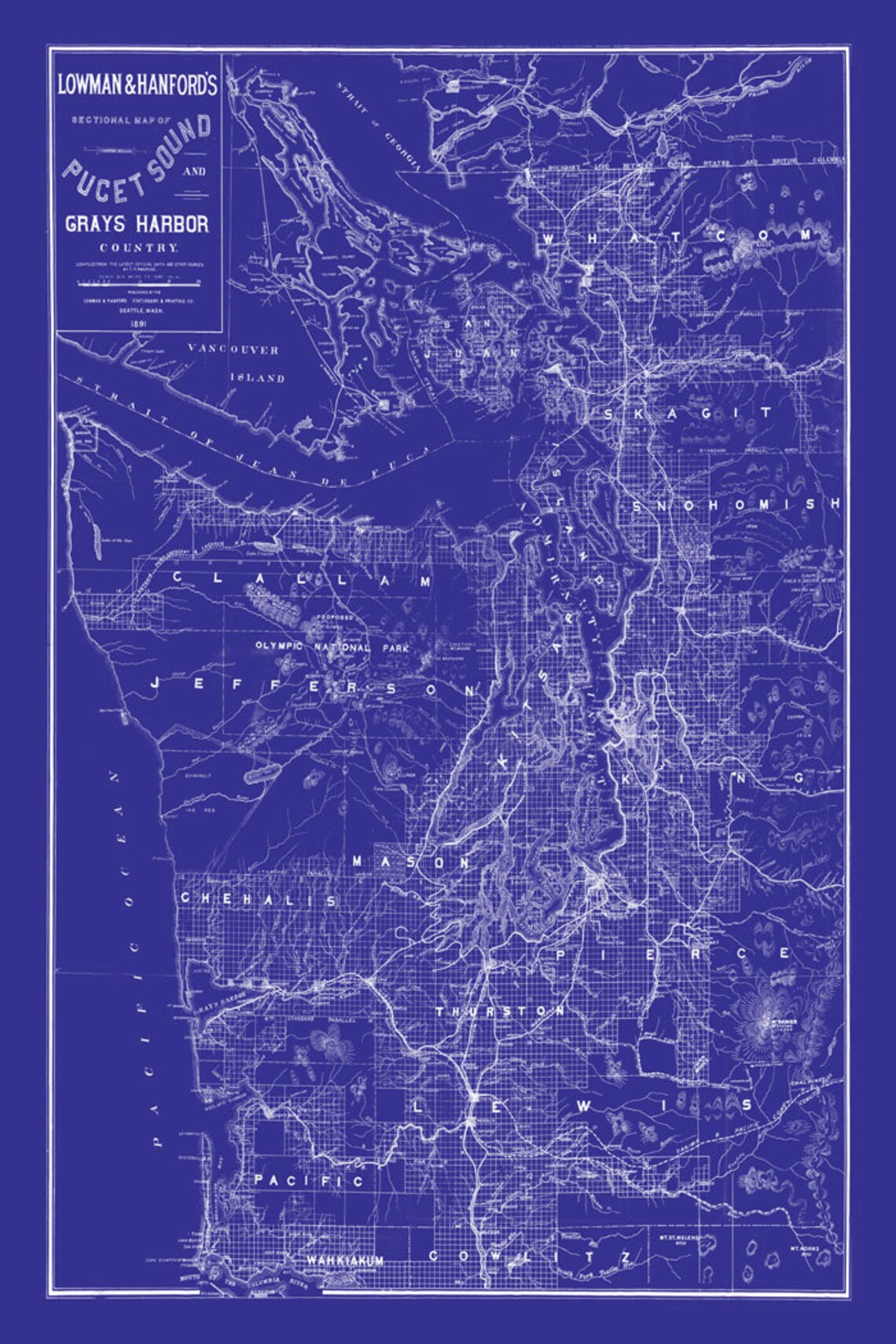 Puget Sound Map Vintage Blueprint Map Print Poster - Etsy