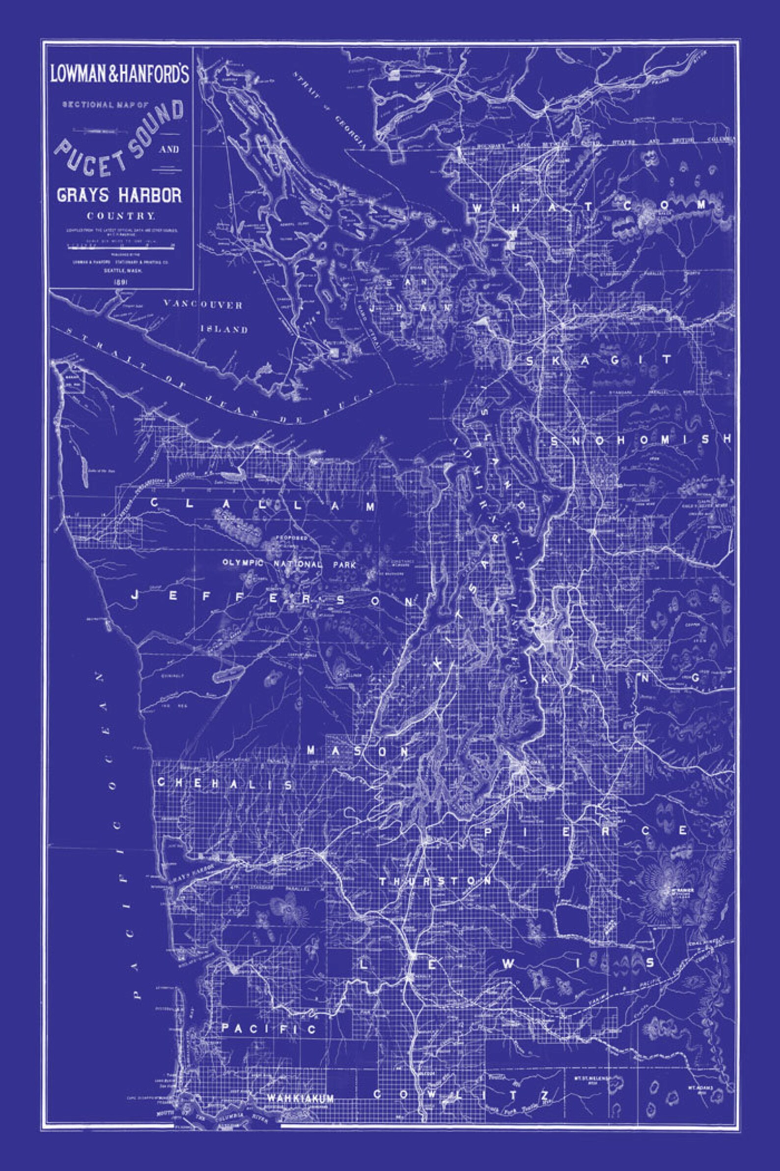 Puget Sound Map Vintage Blueprint Map Print Poster - Etsy
