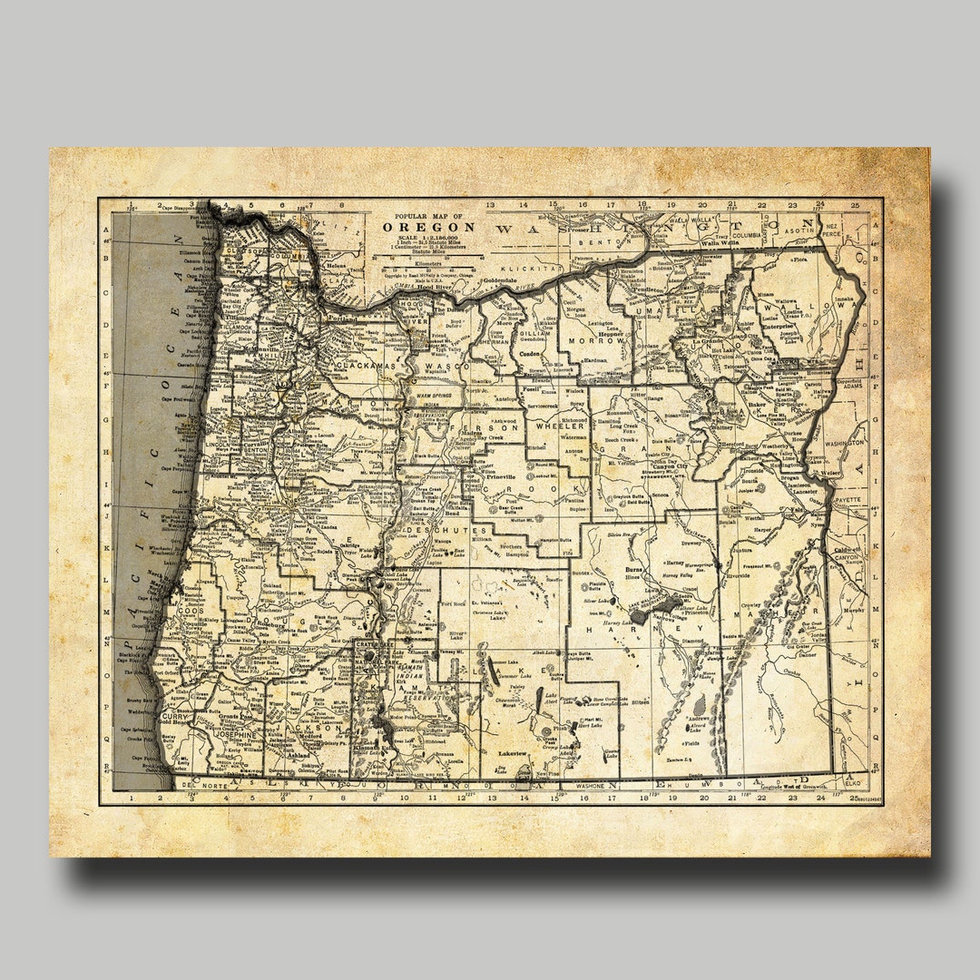 Oregon - Map - State Map - Vintage - Print - Poster - Sepia - Etsy