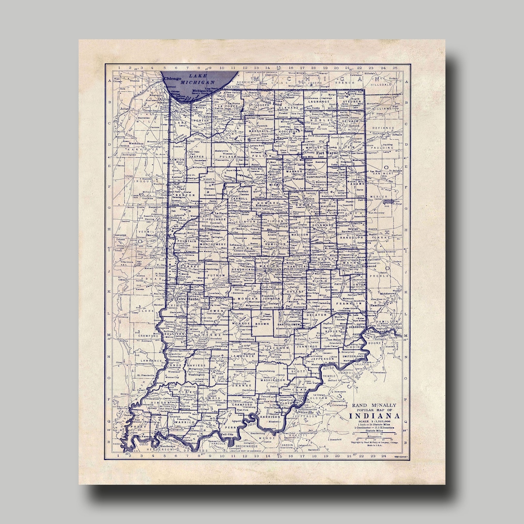 Indiana - State Map - Blueprint - Vintage - Print - Poster - Grunge - Etsy