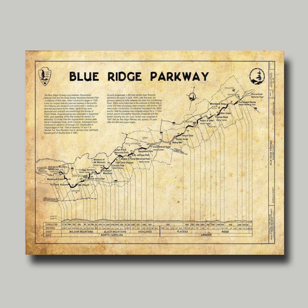 Blue Ridge Parkway - Mountains - Highway - Map - Print - Poster - Sepia ...