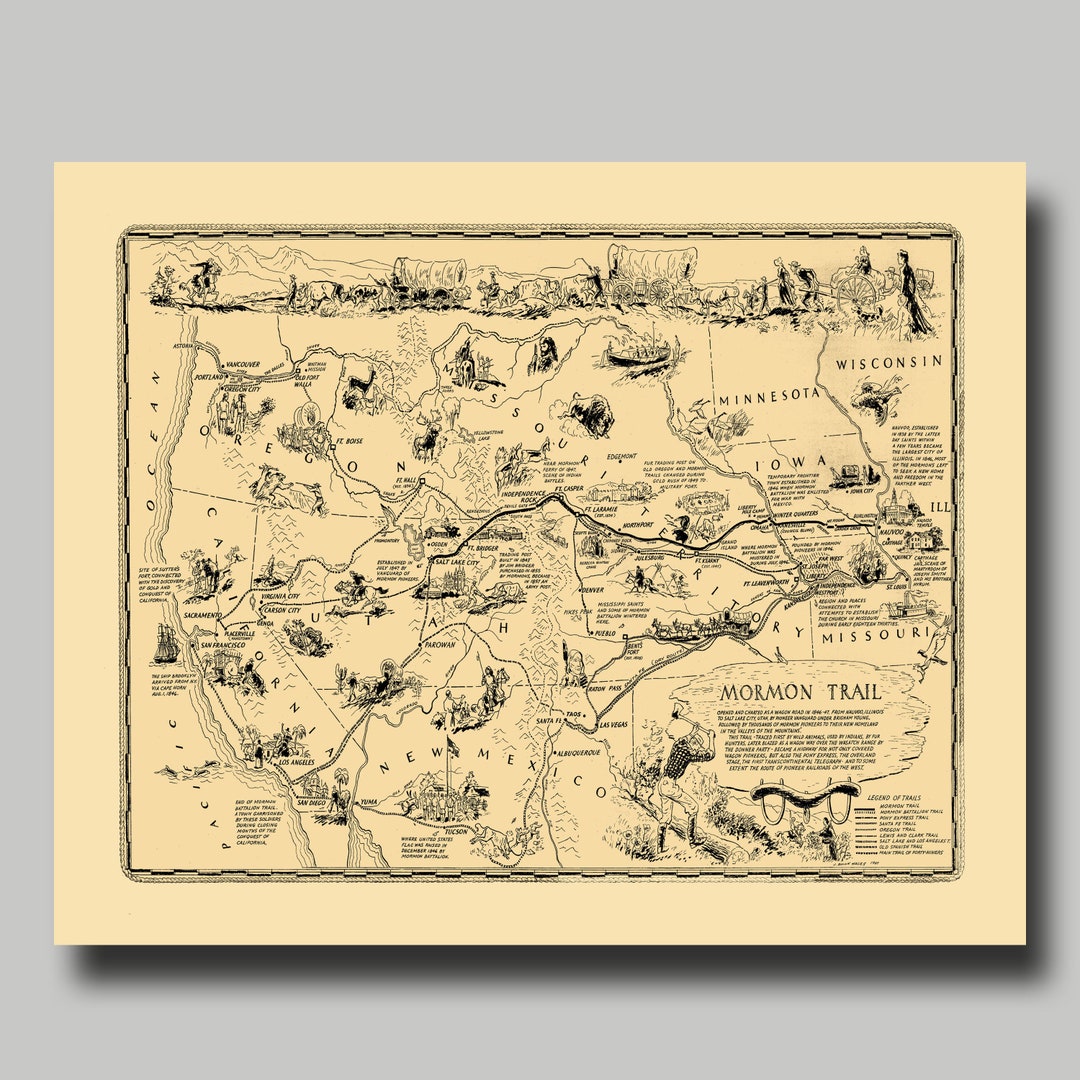 Mormon Trail - Map - Vintage - Utah - Print - Poster - Salt Lake City ...