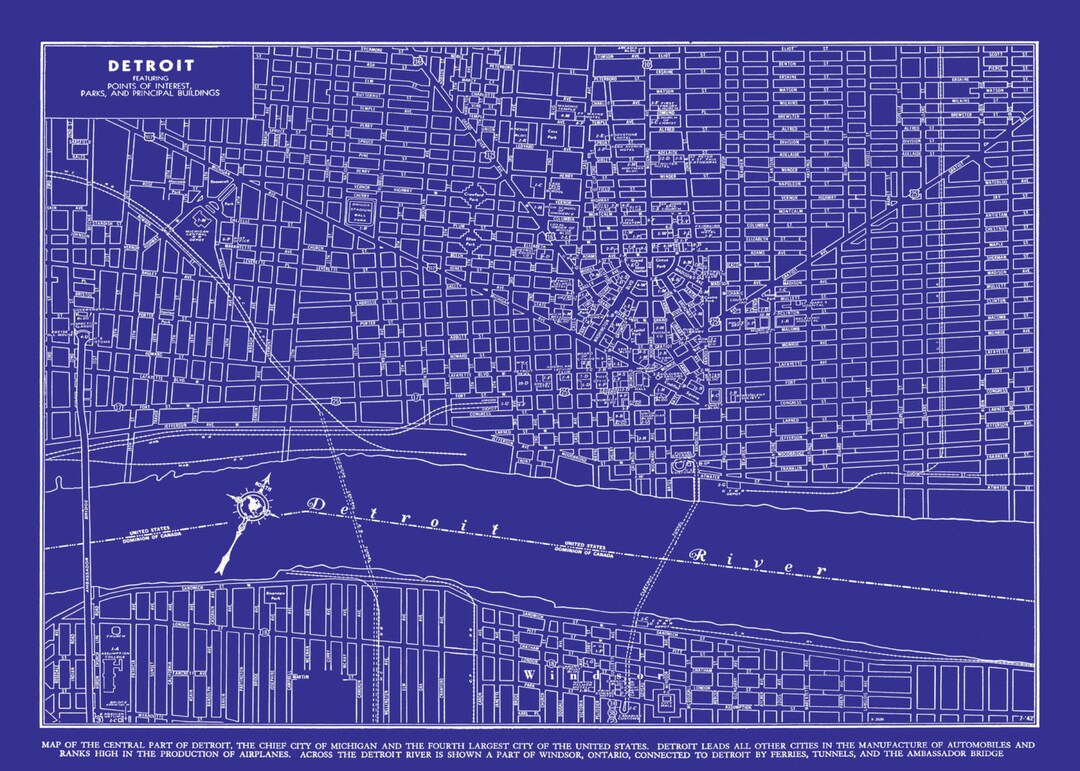 Detroit- Street Map - Vintage- Blueprint - Print - Poster - Etsy