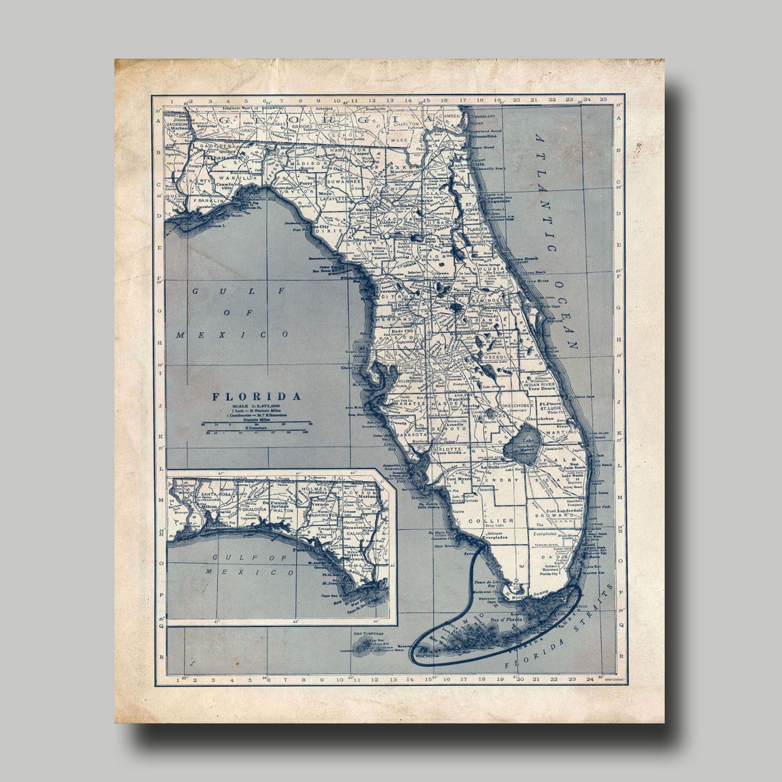 Florida Map State Map Vintage Blueprint Print | Etsy