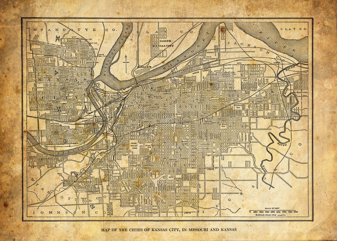 Kansas City - Map - Street Map - Vintage - Sepia - Grunge - Print ...