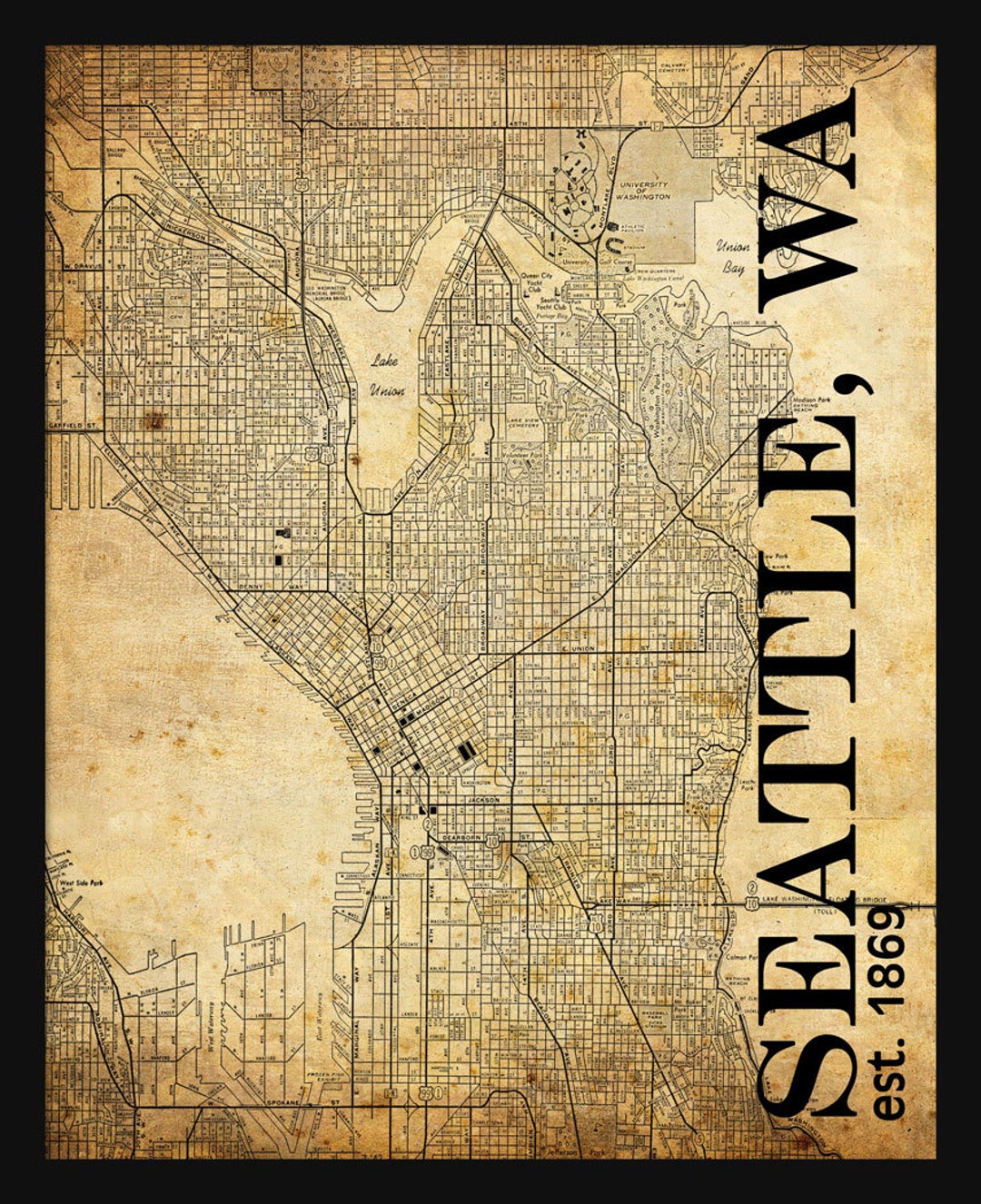 Seattle City Map Seattle Street Map Vintage Tile Map Sepai Grunge ...