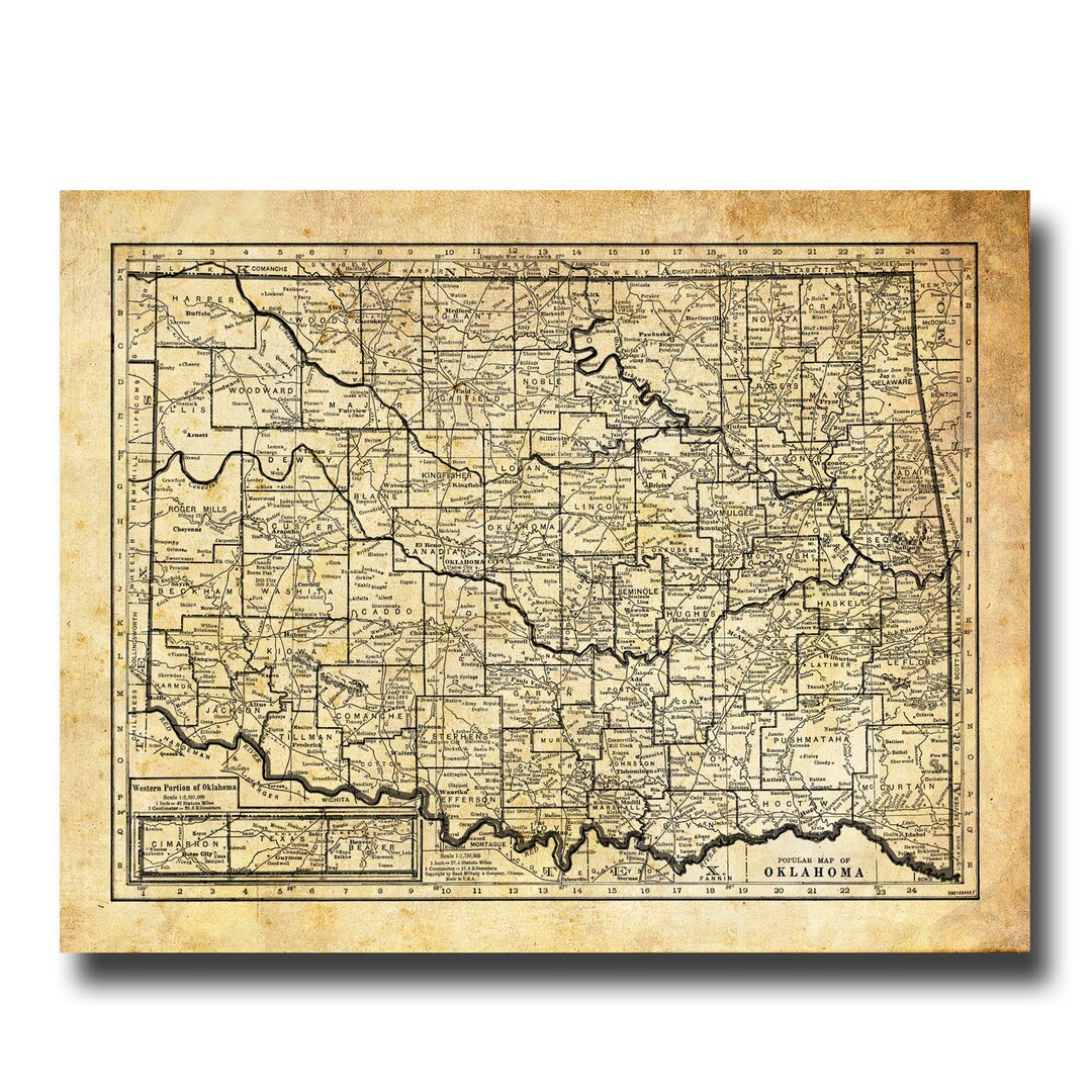 Oklahoma - State Map - Map - Vintage - Print - Poster - Etsy