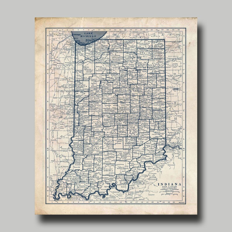 Indiana State Map Blueprint Vintage Print Poster - Etsy