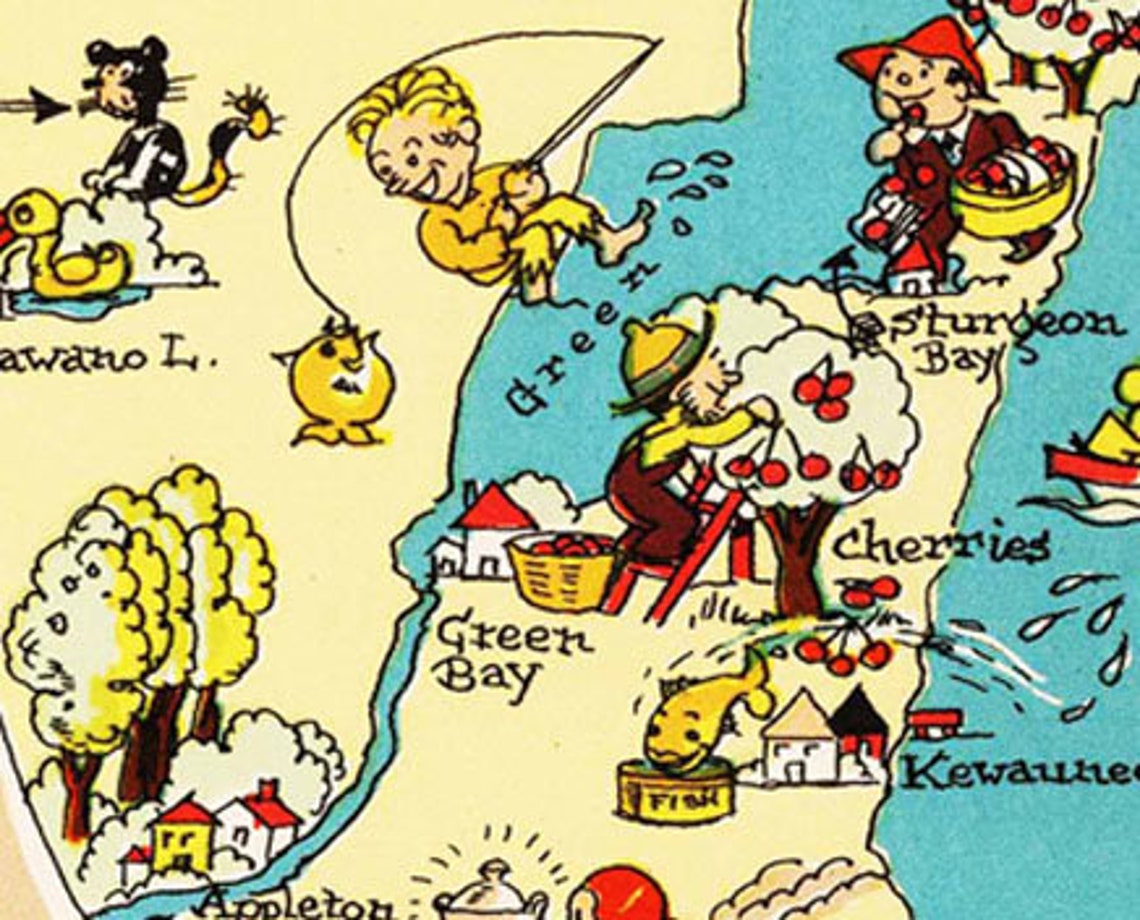Wisconsin Map Vintage Print Poster Cartoon - Etsy