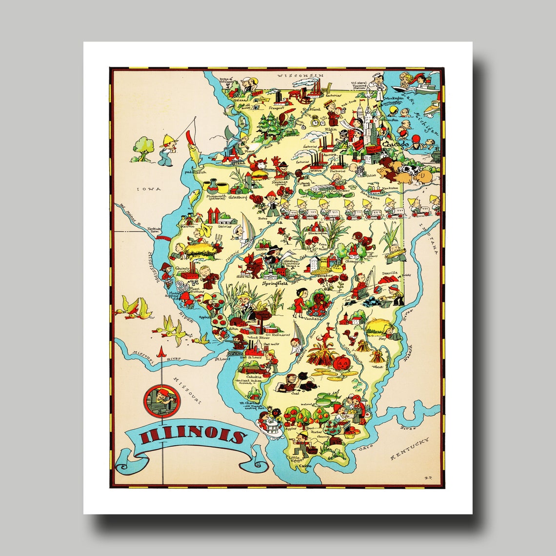 Illinois Map Vintage Print Poster Cartoon - Etsy