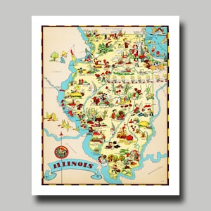 Illinois - Map - Vintage - Print - Poster - Cartoon - Panoramic ...