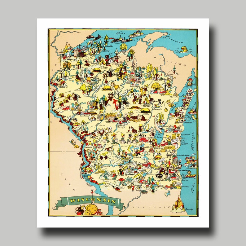 Wisconsin Map Vintage Print Poster Cartoon | Etsy