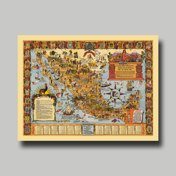 Mexico Map Vintage Print Poster Cartoon Panoramic | Etsy