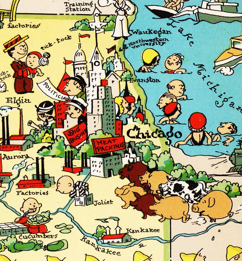 Illinois Map Vintage Print Poster Cartoon - Etsy