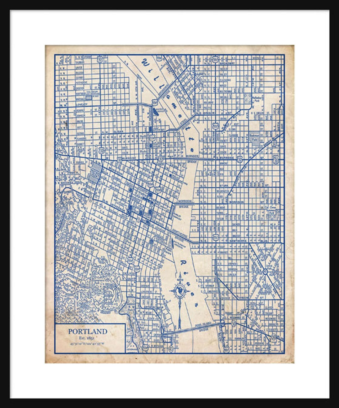 Portland Oregon Map 1944 Street Map Vintage Blueprint Grunge Print ...