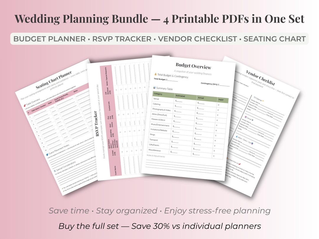 Wedding Planning Bundle | Budget Planner, RSVP Tracker, Vendor ...