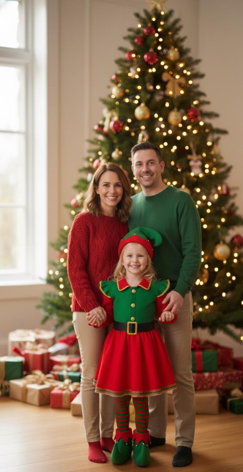 Kids Christmas Elf Costume – Holiday Green and Red Dress With Hat ...