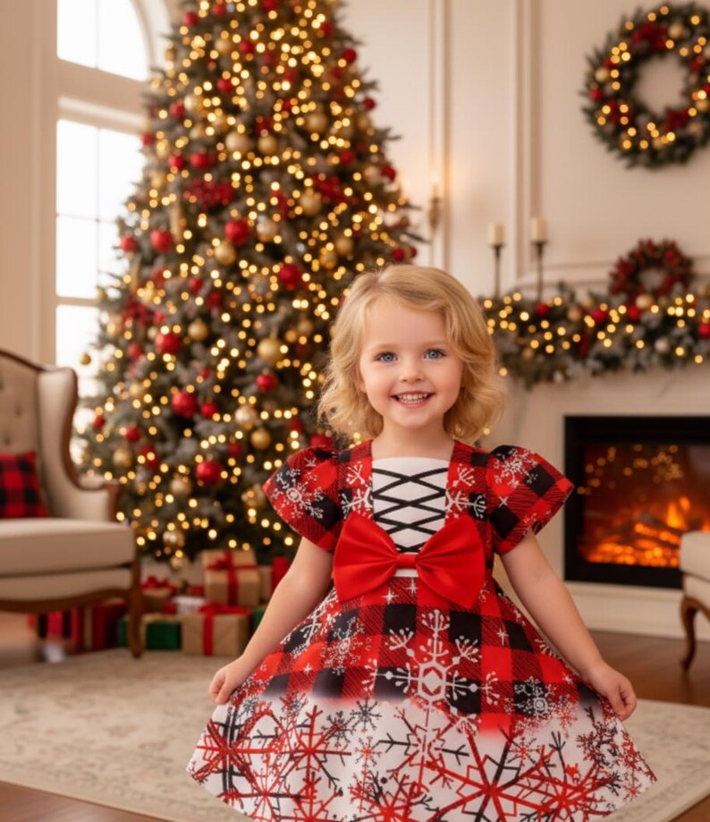 Christmas Plaid Girl Dress – Red Bow Snowflake Holiday Outfit - Etsy