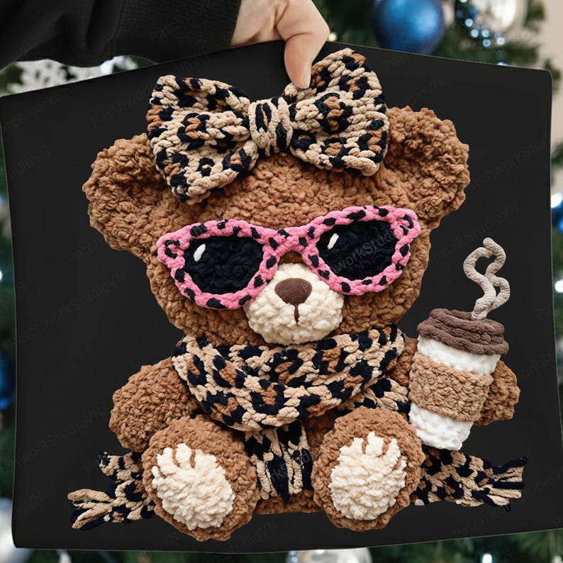 Leopard Teddy Bear Crochet PNG, Bear Bow Valentine Sublimation, Cute ...