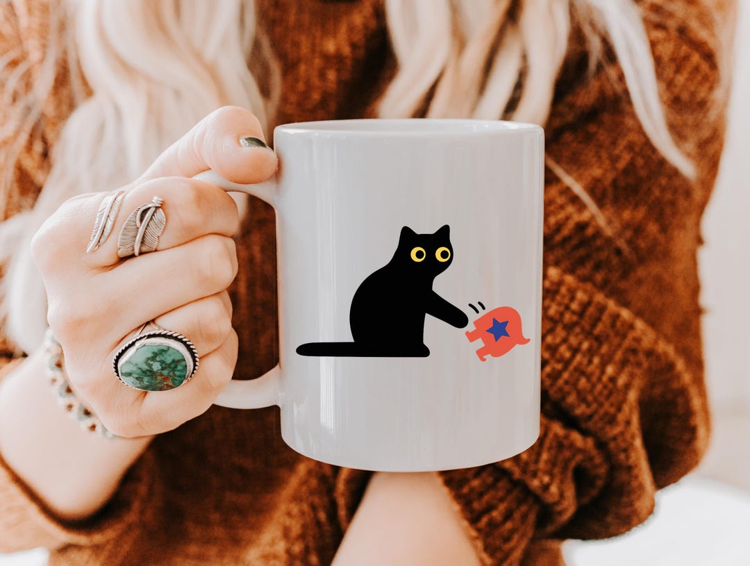Playful Cat Knock-over Mug With Minimalist Illustration, Fun Coffee Mug ...
