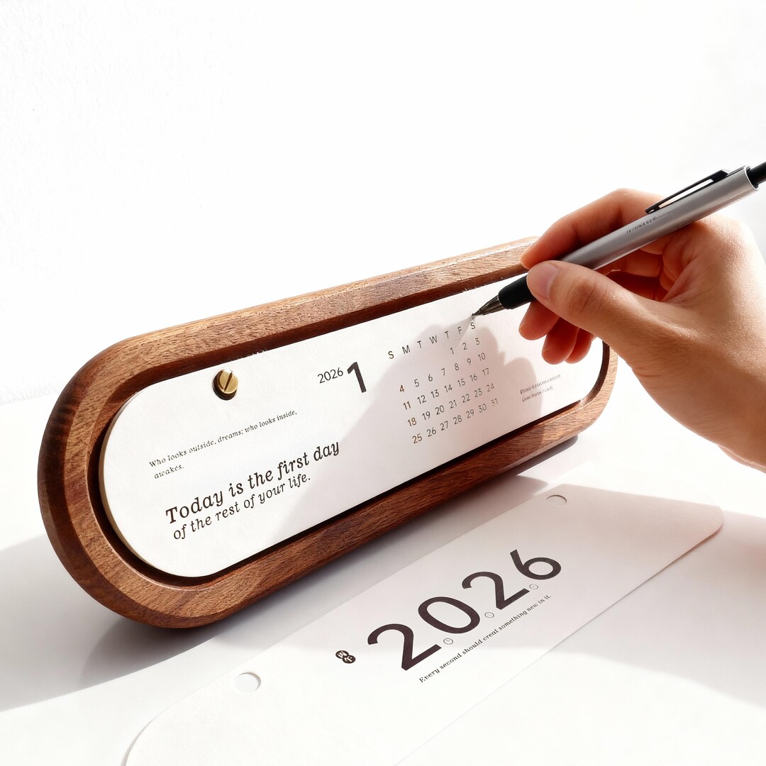 2026 Minimal Moon Phase Desk Calendar, Handmade Solid Wood Base Desktop ...