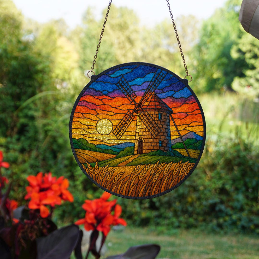 Old Stone Windmill Stained Glass Suncatcher, Historic Window Hanging ...