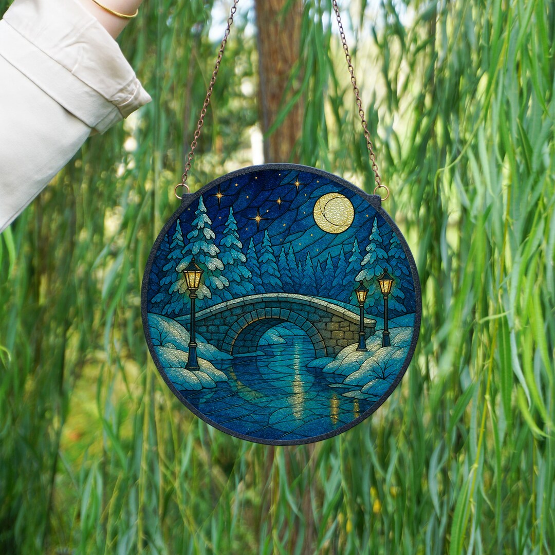 Stained Glass Winter Suncatcher, Snowy Bridge, Frozen River Scene - Etsy