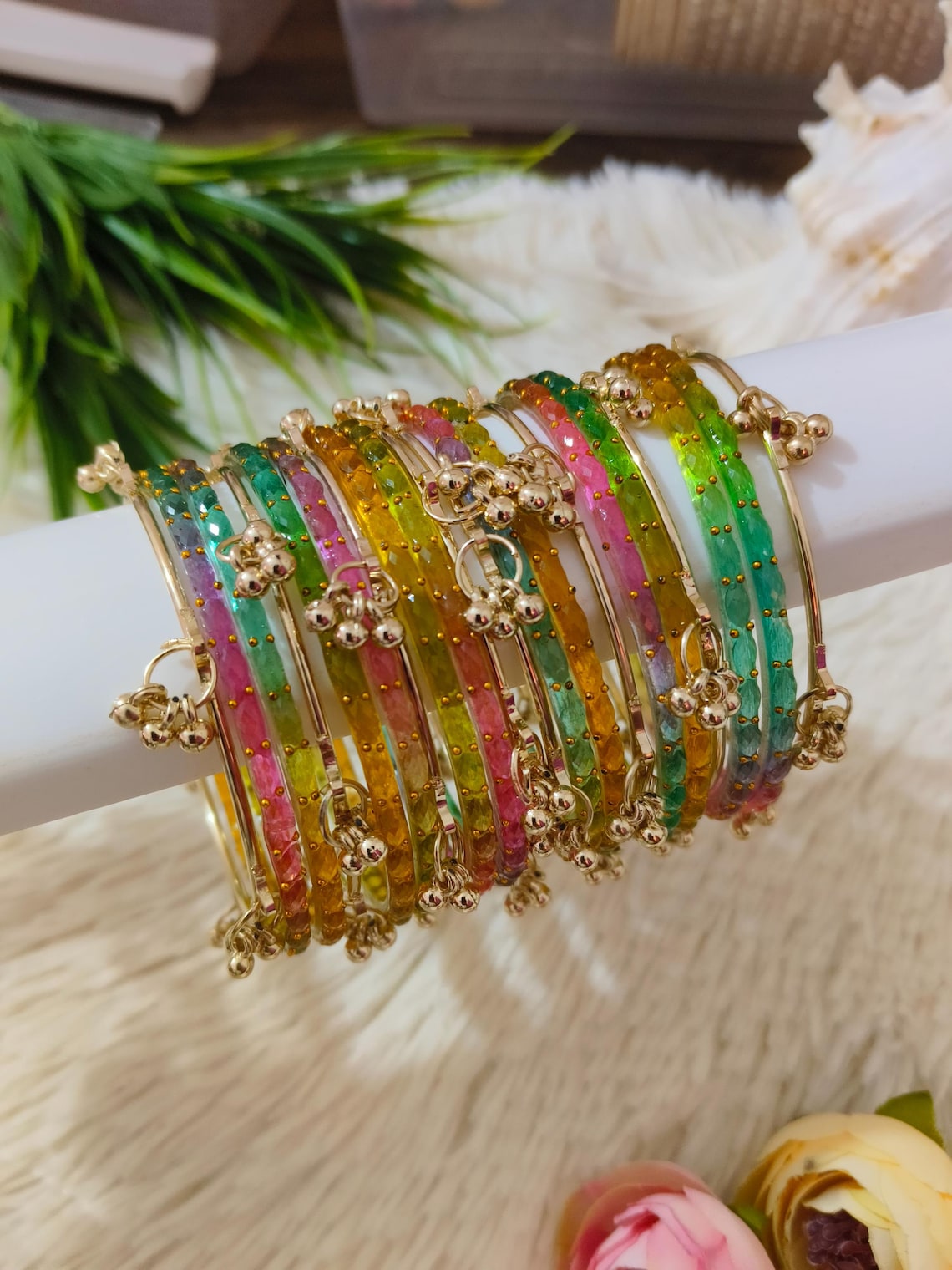 Multi Colored Ghungroo Raindrop Glass Bangle Set - With and Without ...